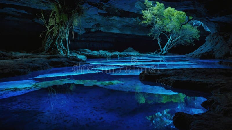 Enchanted Underground River with Luminous Water and Trees Stock ...
