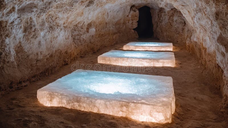 Serene Underground Cave with Glowing Crystal Steps Stock Illustration ...
