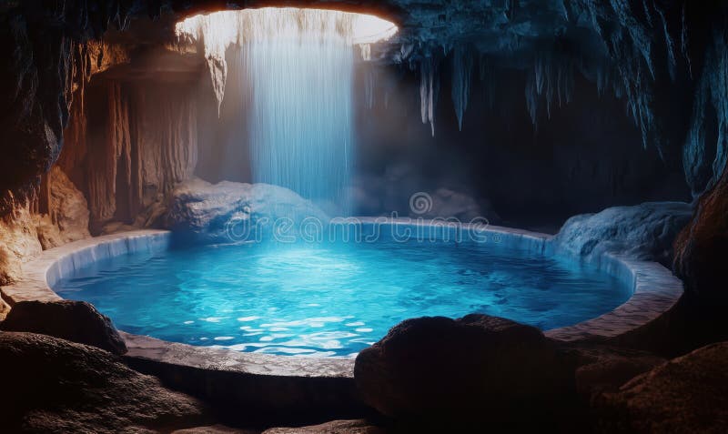 Serene Underground Cave Pool with Cascading Waterfall and Tranquil Blue ...