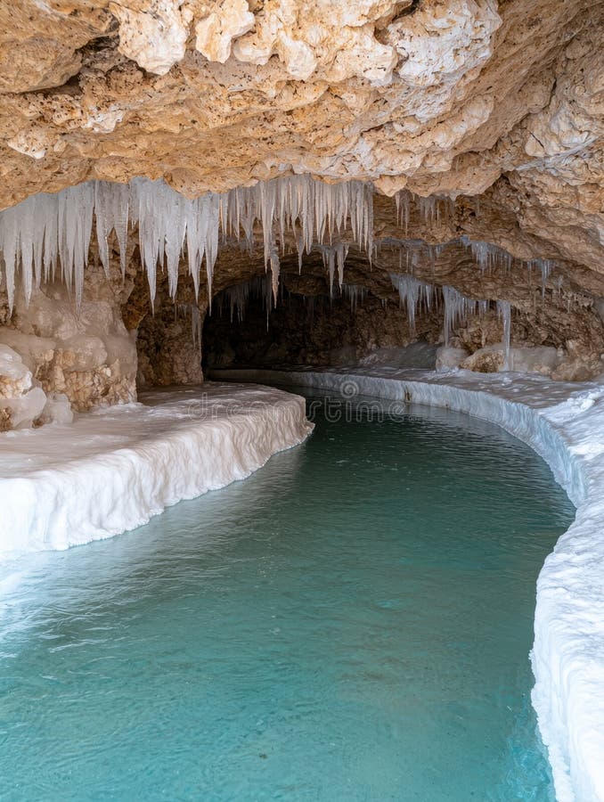 Serene Underground Cave with Turquoise Pool and Icicles Stock ...