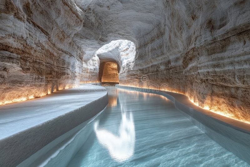 Peaceful Underground River Flowing through Illuminated Cave with ...
