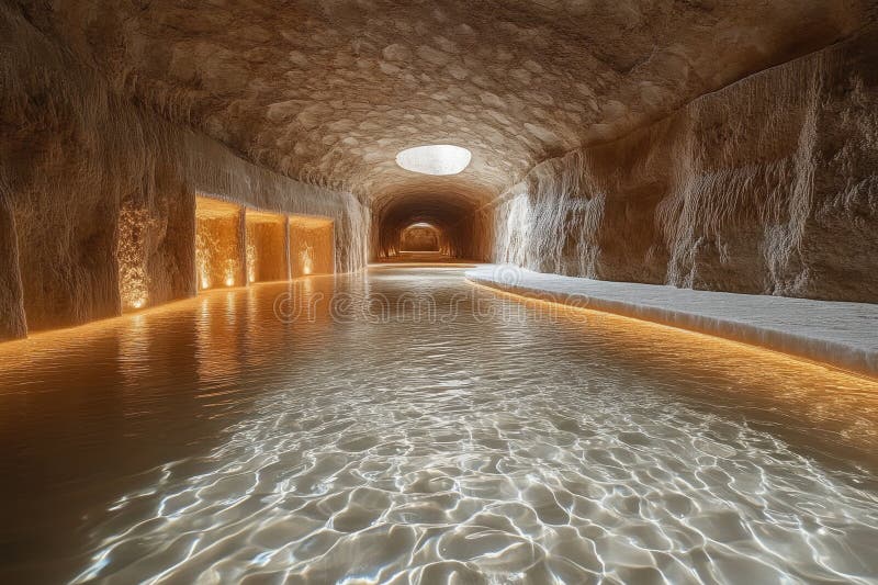 Peaceful Underground River Flowing through Illuminated Cave with ...