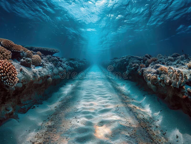 A Serene Underwater Path between Coral Reefs Leading To the Surface ...