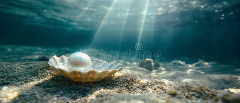 Serene Underwater Scene with a Luminous Pearl Resting in a Shell. Stock ...