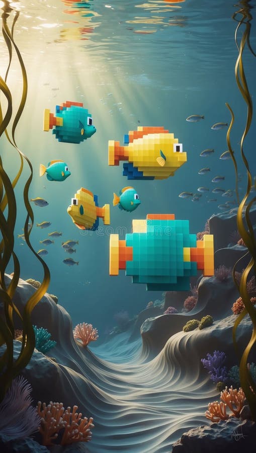 Serene Underwater Scene with Vibrant Pixelated Fish and Colorful Coral ...