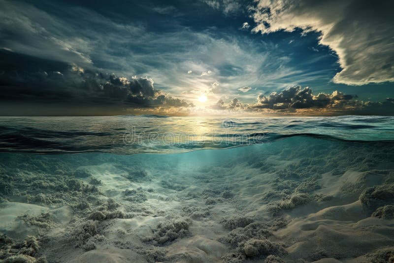 Serene Underwater View of Sandy Ocean Floor and Dramatic Sunset Clouds ...