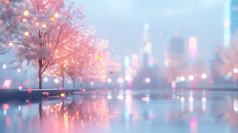 Serene Urban Park with Cherry Blossoms and Glowing Lights at Twilight ...