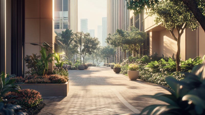 A Serene Urban Pathway Lined with Greenery and Modern Buildings Stock ...