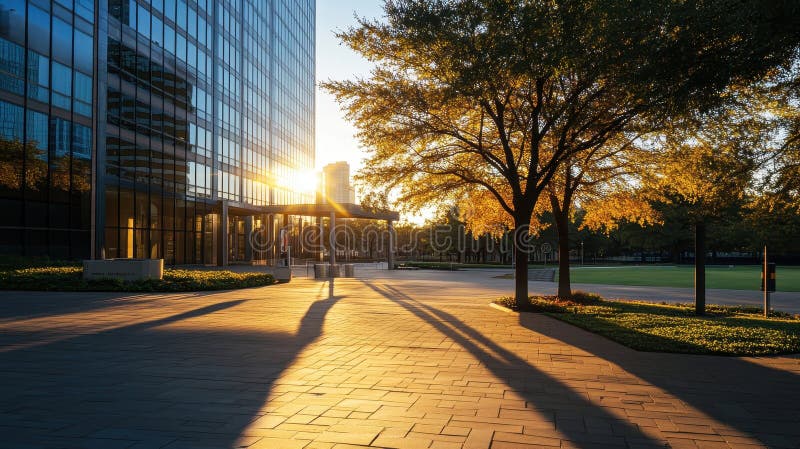 A Serene Urban Scene at Sunset with Trees Casting Long Shadows on a ...