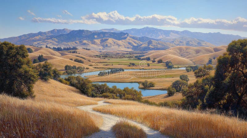 Serene Valley Landscape with Winding River and Path Stock Illustration ...