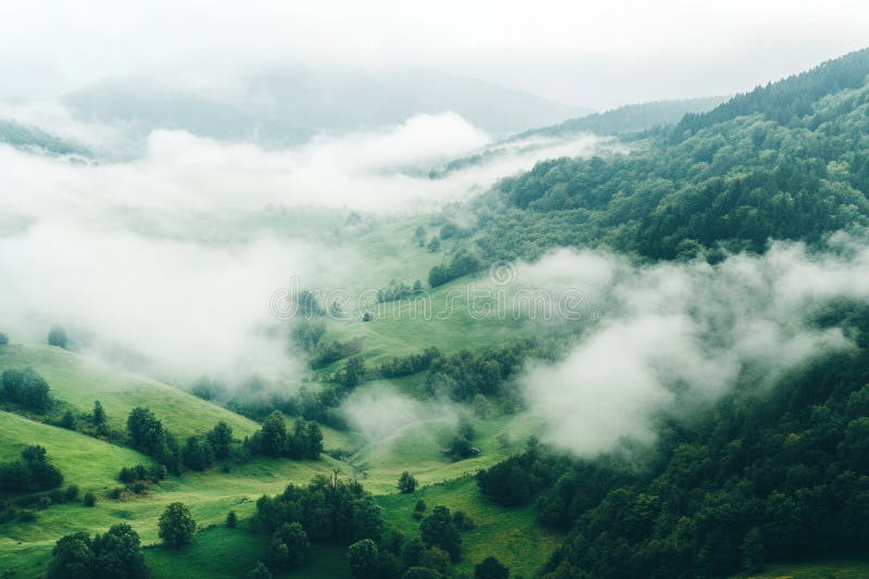 Serene Valley Scene with Towering Trees and Fluffy Clouds Stock Photo ...