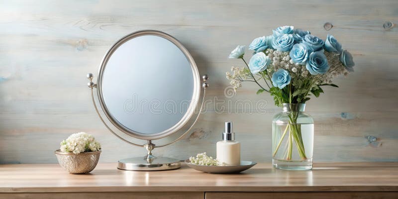 Serene Vanity Setting with Oval Mirror, Delicate Flowers, and Elegant ...
