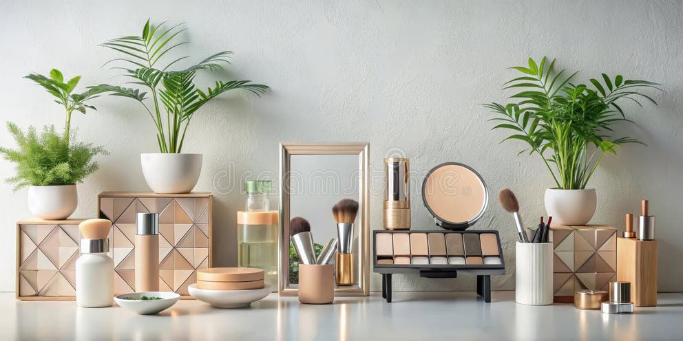 Serene Vanity Setting with Stylish Containers, Makeup Brushes, and Lush ...