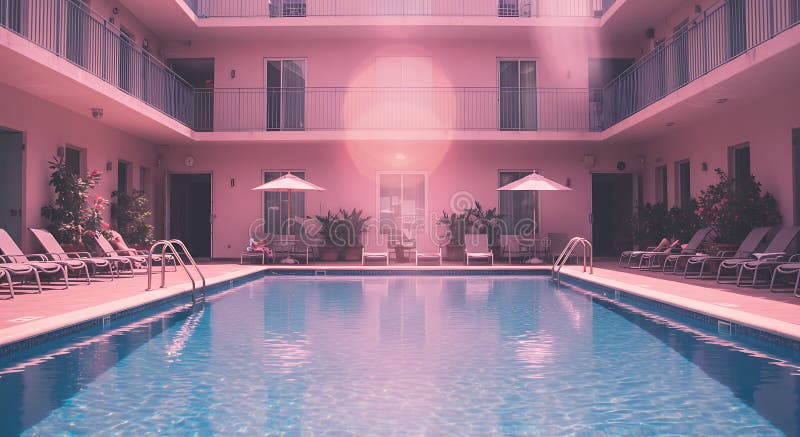 A Serene Vaporwave Hotel Pool Scene at Midday with Eye-level Angle and ...