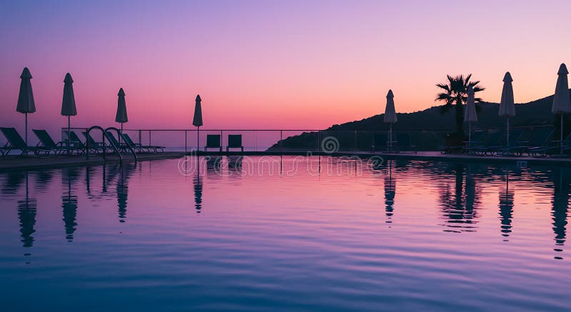 A Serene Vaporwave Hotel Pool at Sunset with Soft Glow and Flare ...