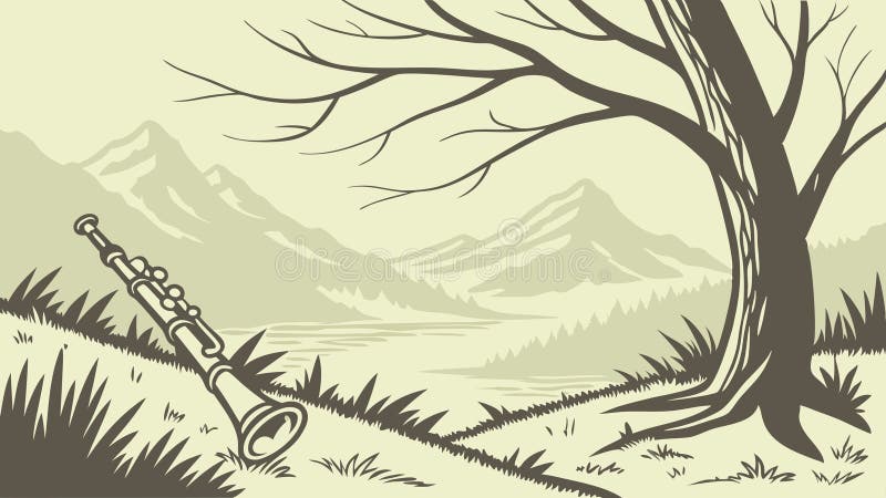 Clarinet in Minimalist Landscape with Tree, Serene Vector Scene, Vector ...