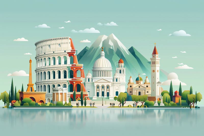 Reflective Italian Landmarks at Dusk AI Generated Stock Illustration ...