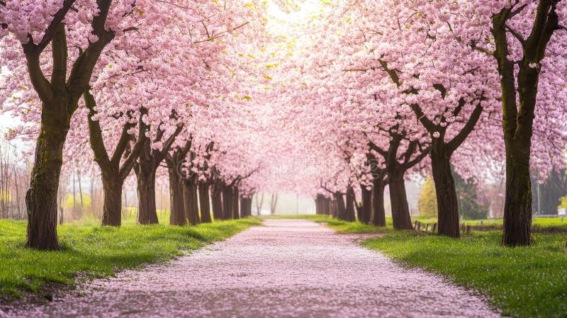 Serene View of Cherry Blossom Trees Lining a Path Covered in Soft Pink Petals in Springtime ...