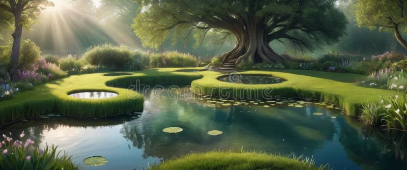 Enchanted Forest Pond at Sunrise Stock Image - Image of magical ...