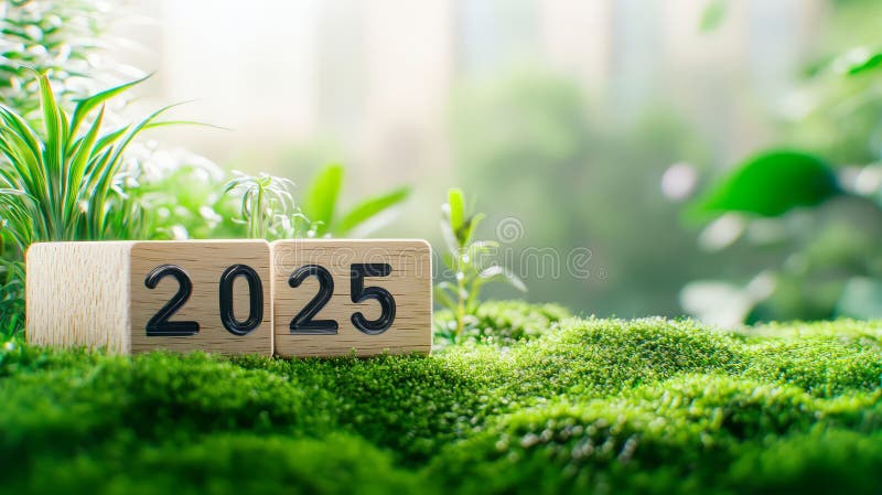 A Serene View of Greenery with Wooden Blocks Showing the Year 2025 ...