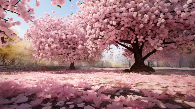 A Serene View of a Group of Trees with Pink Flowers on the Ground ...
