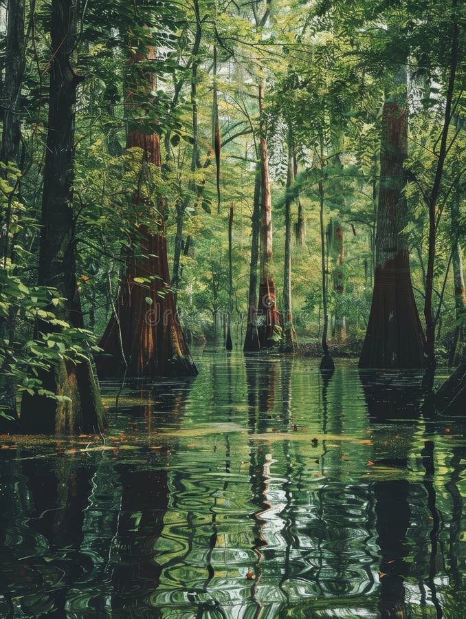 Cypress Trees Reflection in Water a Serene View of a Lush Forest with ...