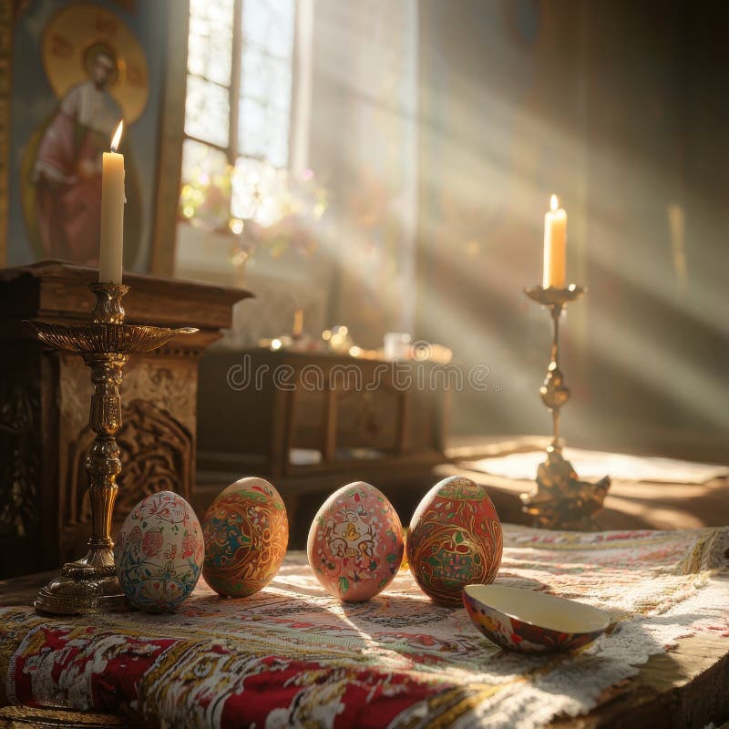 Sunlit Orthodox Church Interior with Easter Eggs and Candles Stock ...
