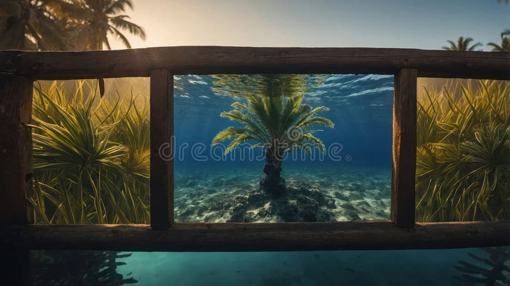 Underwater Palm Tree Seen through Wooden Frame: Tranquil Ocean Scene ...