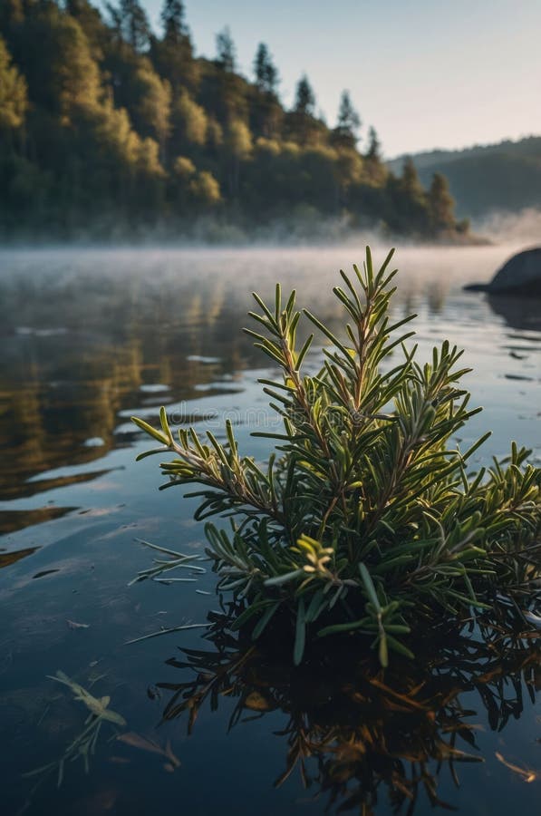 Rosemary Bush Floating on Calm Lake at Sunrise Stock Illustration ...