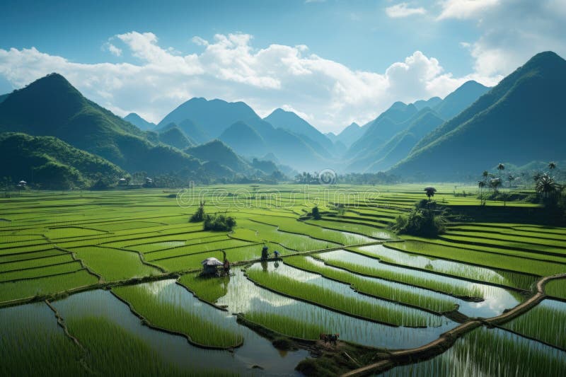 A Serene View of a Rice Field with Mountains in the Background ...