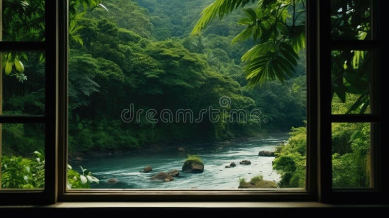 A Serene View of a River through a Window, Suitable for Various Design ...