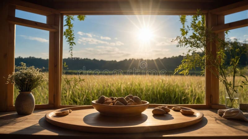 Serene Sunset View from Wooden Pavilion with Almonds Stock Illustration ...