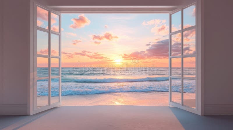 A Serene View of a Sunset Over the Ocean through Open Windows, Evoking ...