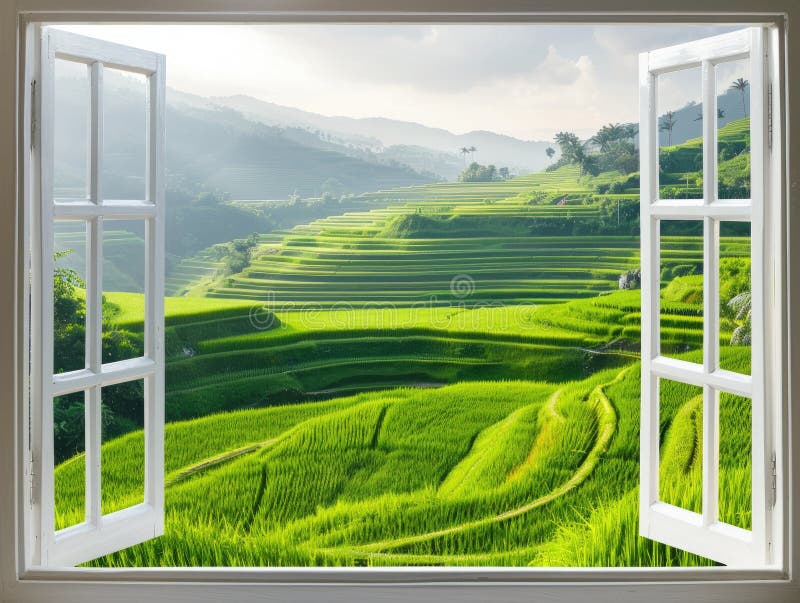 Serene View of Terraced Fields through an Open Window Stock ...