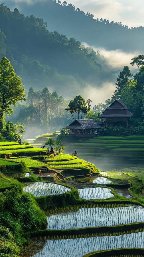 A Serene View of Terraced Rice Fields Surrounded by Misty Mountains at ...