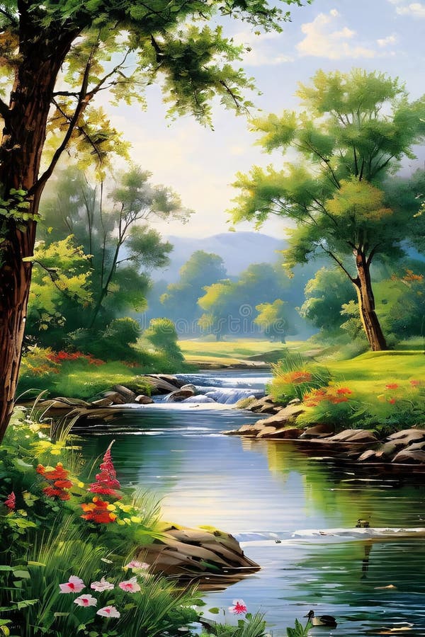 Tranquil Journey Upstream stock illustration. Illustration of idyllic ...