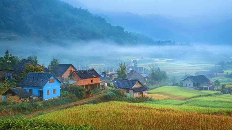 Serene Village Landscape with Misty Mountains and Lush Rice Fields at ...