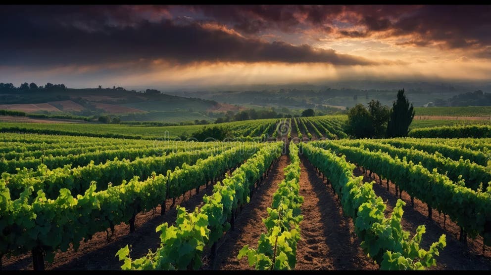 Serene Vineyard Landscape at Sunset: Rows of Grapevines Bathed in ...