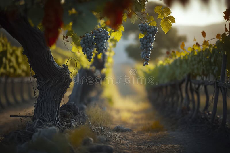 A Serene Vineyard at Sunset, with Ripe Grapes on Twisted Vines, Casting ...