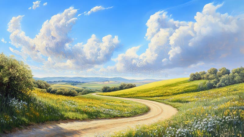 A Serene Vista with a Twisting Dirt Path, Lined with Lively Flowers and ...