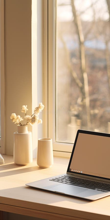 Serene Visuals: Delicate Laptop Studyplace with Light Beige and Amber ...