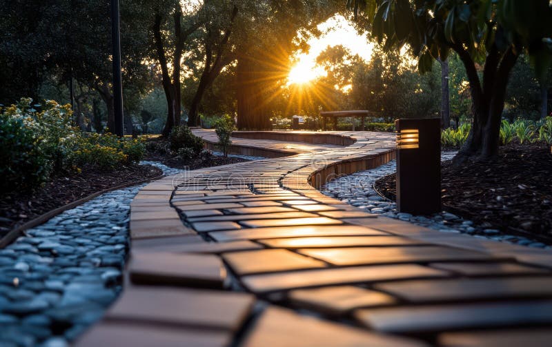 Serene Walkway with a Stone Path Leading into a Lush Park Setting ...