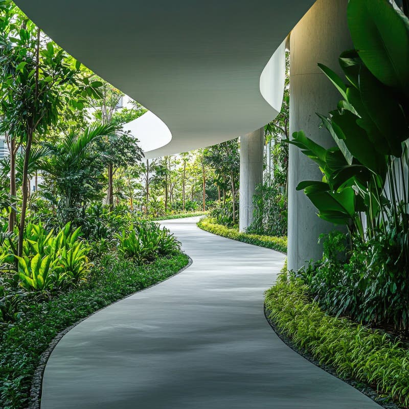 A Serene Walkway Surrounded by Lush Greenery and Beautiful Plants Stock ...