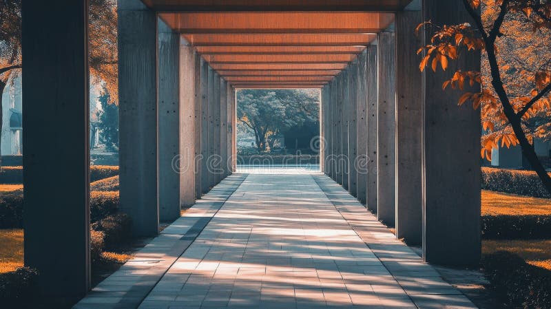 Serene Walkway a Tranquil Passage a Peaceful Walkway Framed by Concrete ...