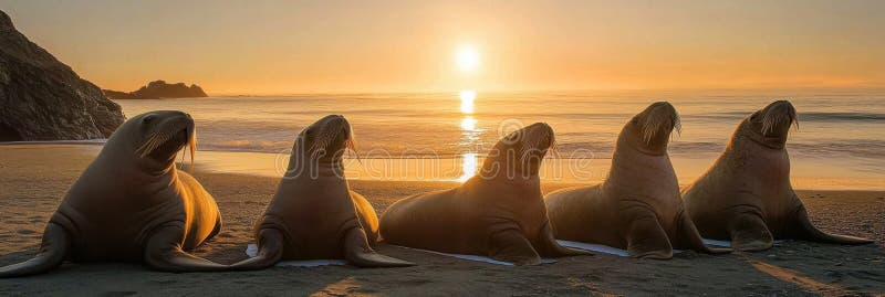 Serene Walruses Practicing Yoga Poses on a Beach at Sunset for Ultimate ...
