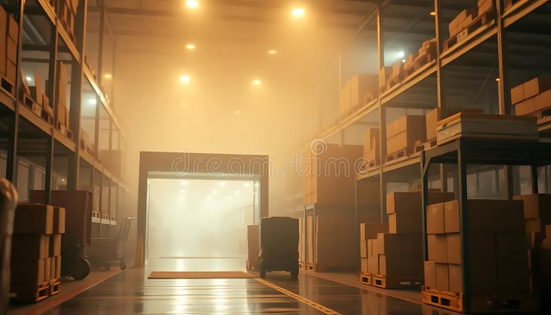 Serene Warehouse Interior with Fog and Ambient Light, Rows of Shelves ...
