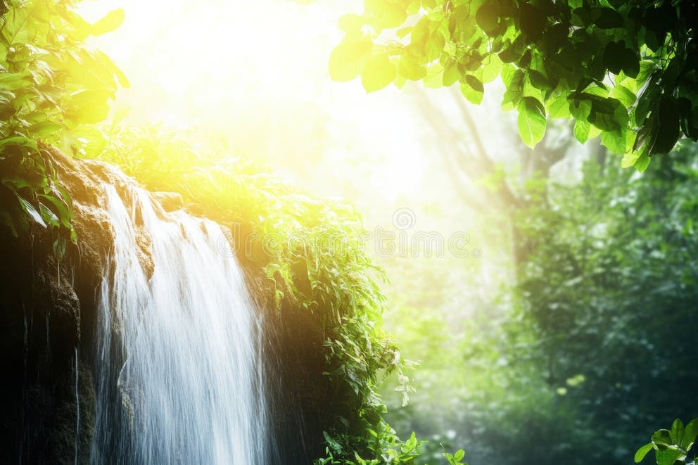 Serene Water Cascade Surrounded by Lush Greenery in a Peaceful Forest Setting during Daylight ...