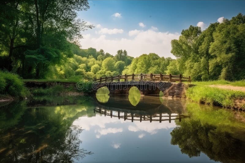 Serene Water Channel with Bridge and Reflection of the Sky, Backdrop of ...
