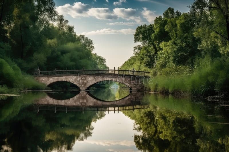Serene Water Channel with Bridge and Reflection of the Sky, Backdrop of ...