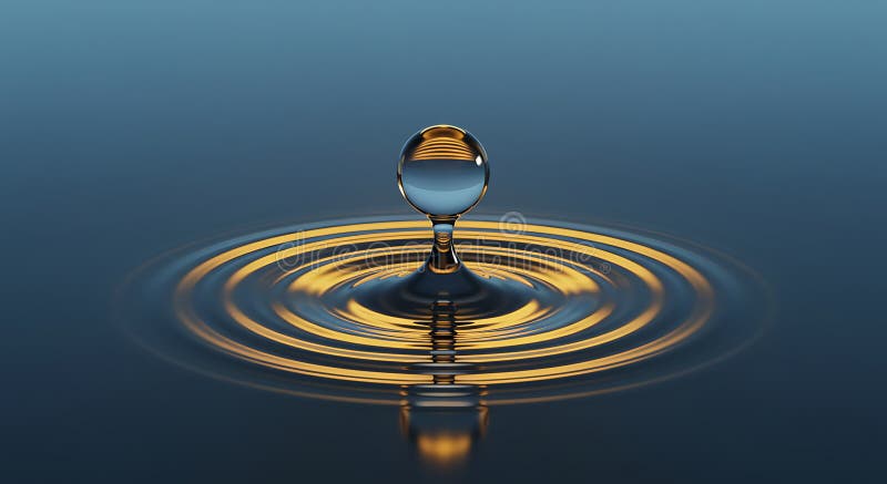 Serene Water Drop Impact Creating Golden Ripples on Reflective Liquid ...